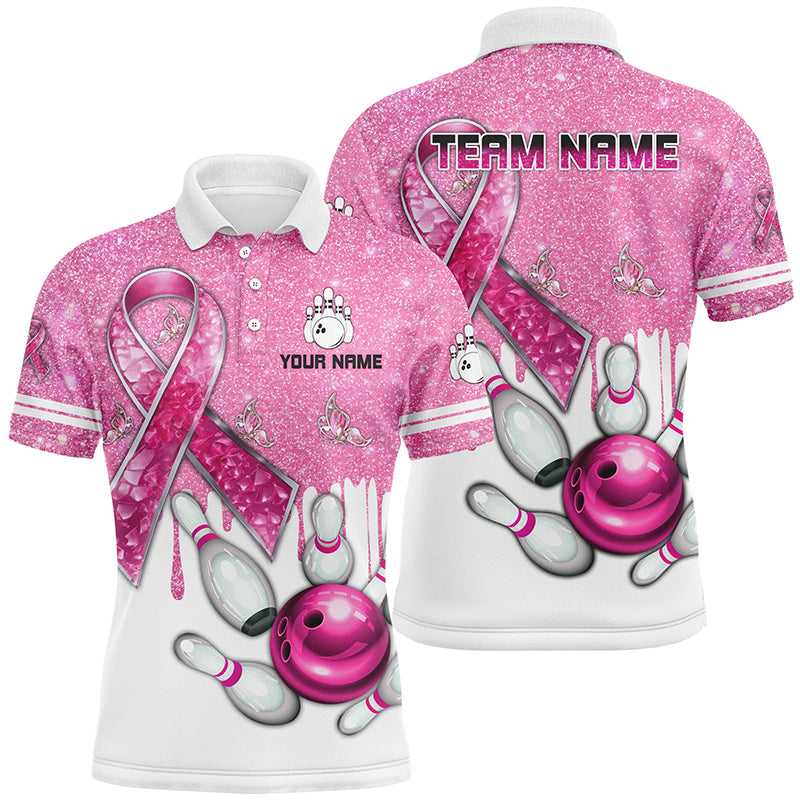 Custom Pink Ribbon Glitter Bowling Team Polo Shirts, Custom Bowling Te ...