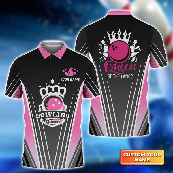 Bowling Men Polo Shirt Custom Name - Pink Bowling Ball Queen Of The La ...