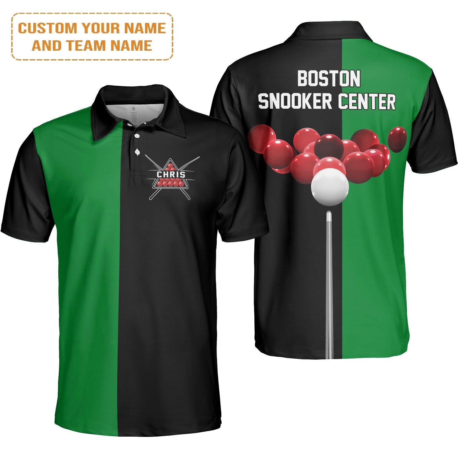 Customized Snooker Polo Shirt, Black Green Shirt With Cue Stick Strike ...