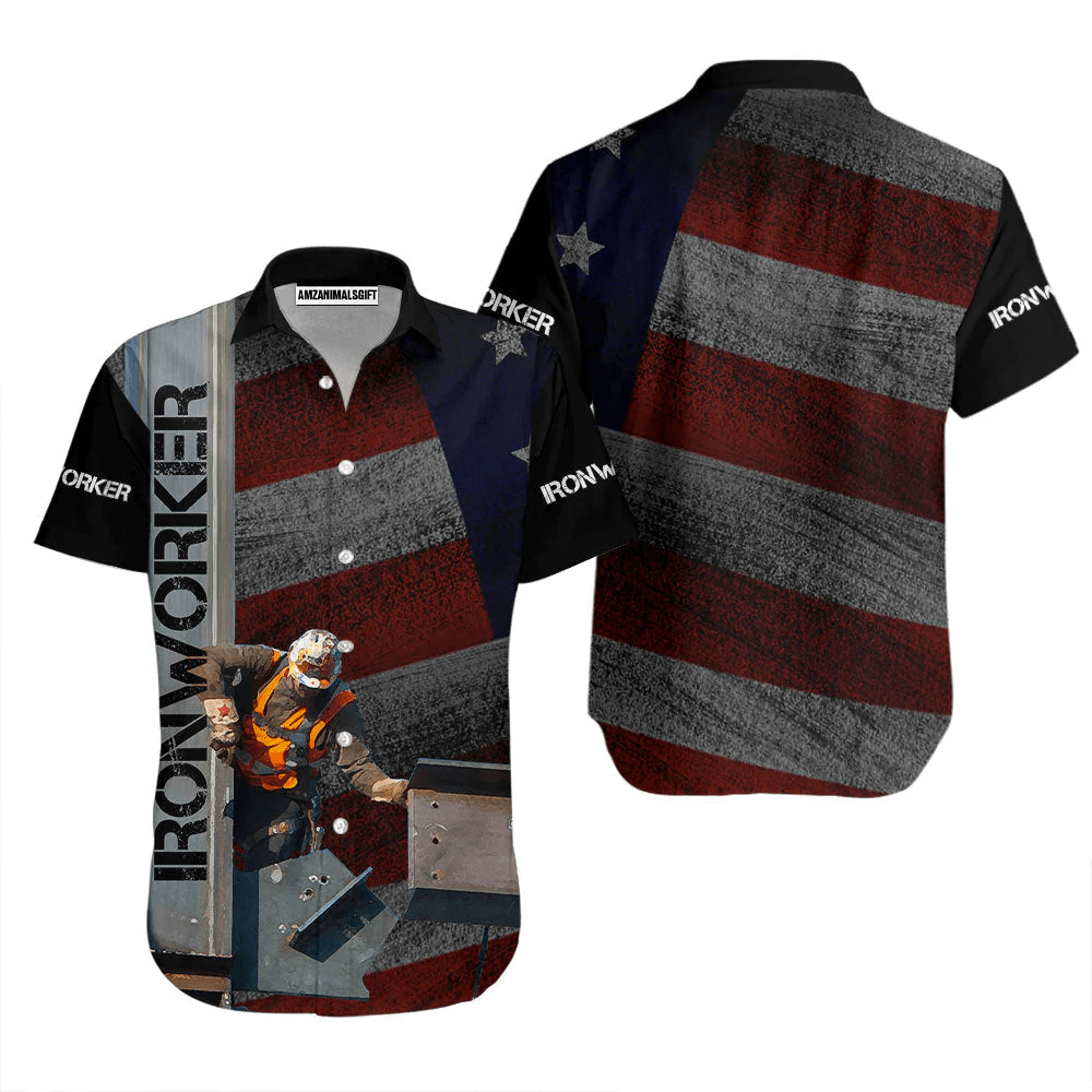 Iron Worker American Flag Red And Gray Aloha Hawaiian Shirts For Men W ...