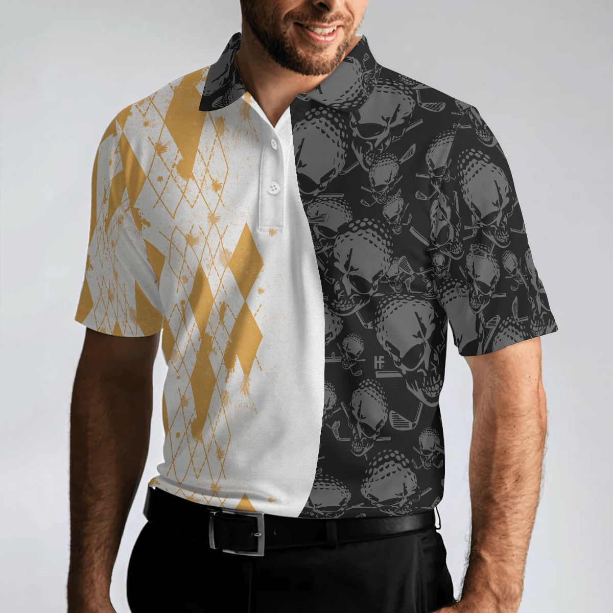 Men Golf Polo Shirt - Skull And Yellow Argyle Pattern Golf Polo Shirt ...