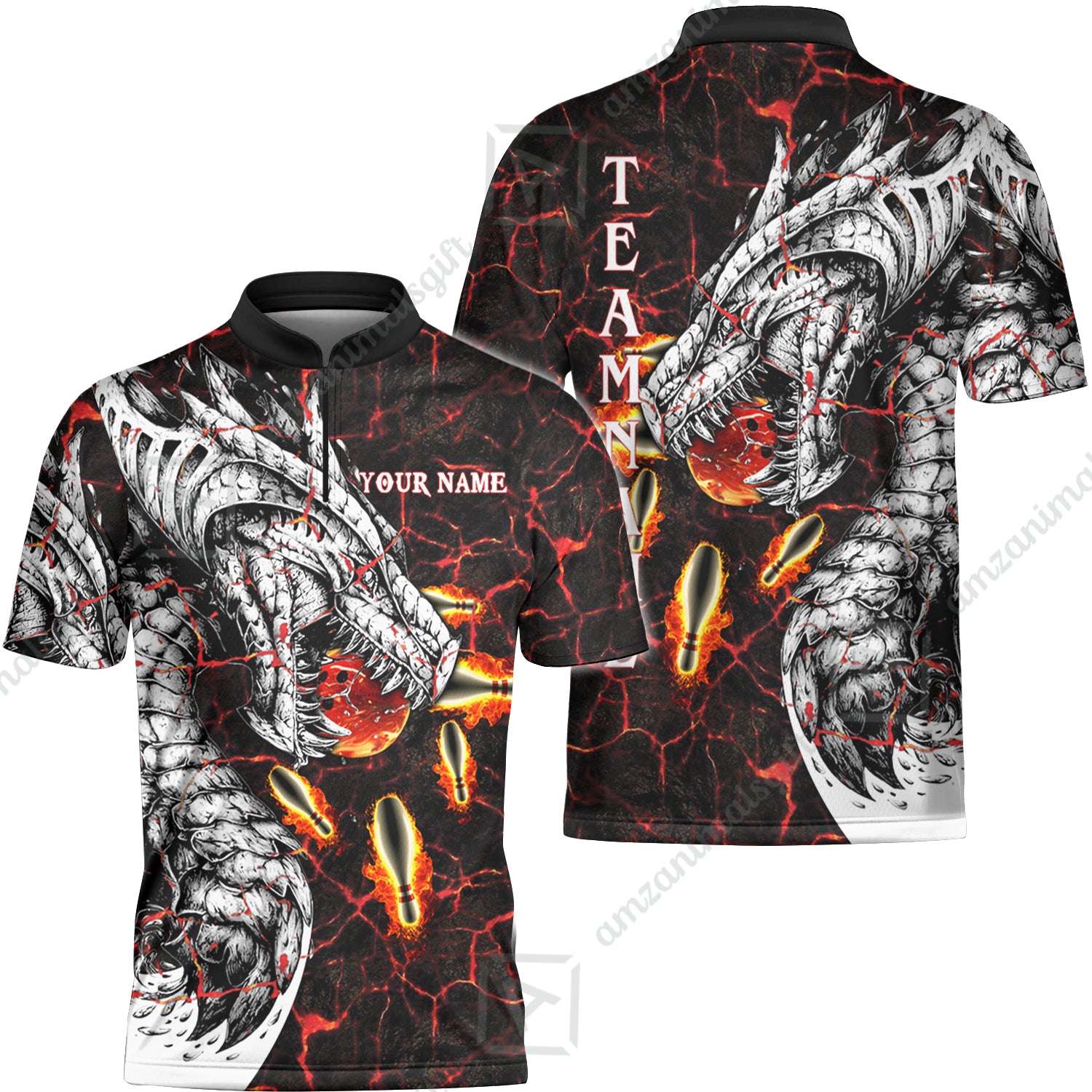 Customized Bowling Polo, Magma Dragon Bowling And Pins Multicolor Opti ...