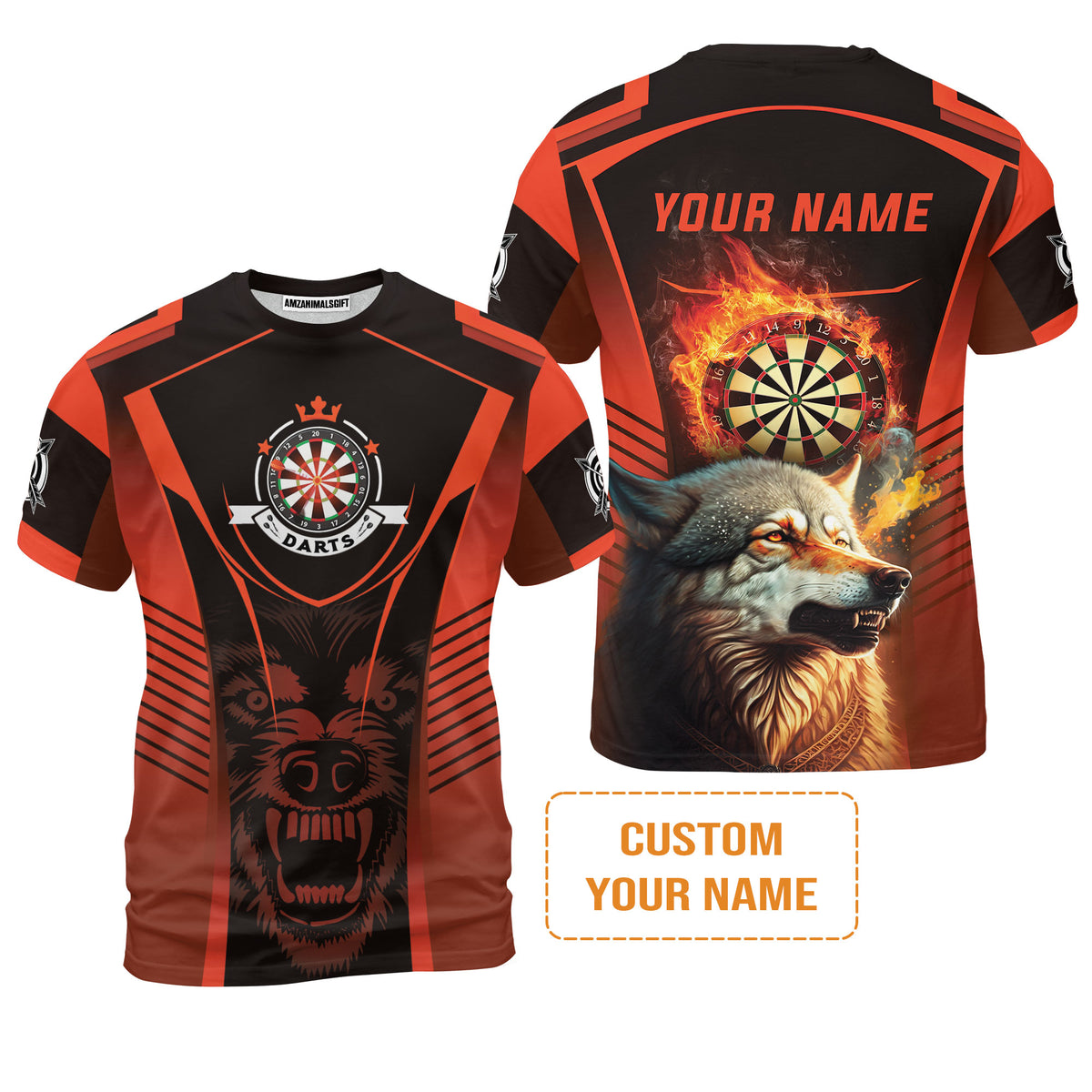 Custom Name Darts Men Polo Shirt, Orange Wolf Dartboard Personalized P ...