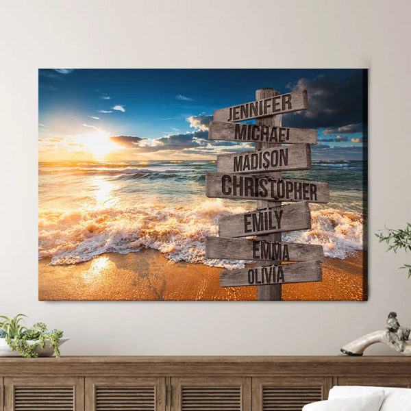 Personalized Family Member Names Wall Art, Sunset At The Beach Ocean W ...