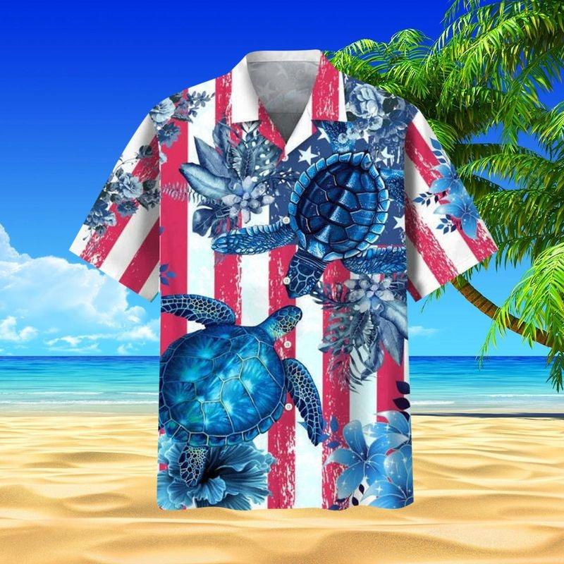 Sea Turtle Aloha Hawaiian Shirt - US Flag Tropical Leaf Hawaiian Shirt ...